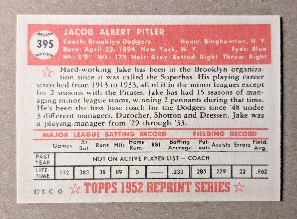 1983 Topps 1952 Reprint Series Jake Pitler #395 | eBay