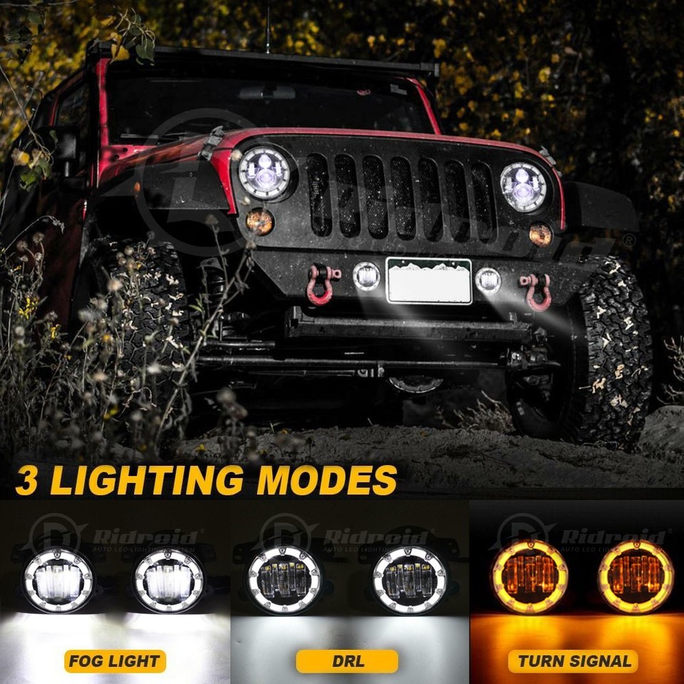 7" Inch Halo LED Headlights Fog Lights Combo For Jeep Wrangler JK JKU ...