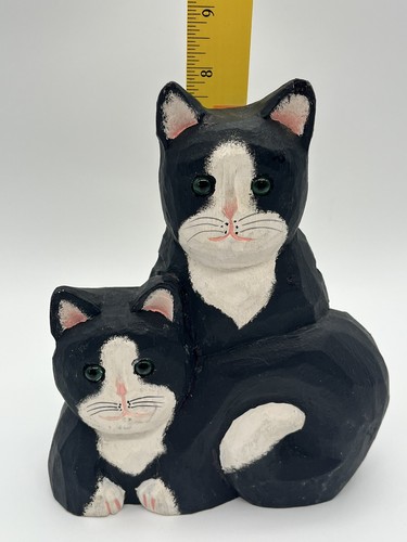 Vtg. Wooden Cat James Haddon Hand Carved Signed Folk Art Black & White ...