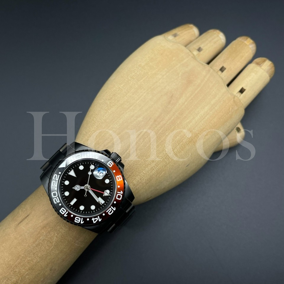 Custom Made GMT Style Watch Automatic Movement Black Dial Black Red ...