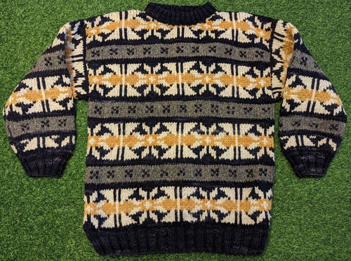 100% Wool Heavy Sweater Hand Made Ecuador Unisex Large Blue/Yellow/Gray ...