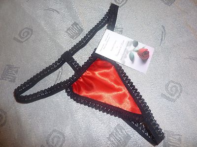 RED shiny SATIN mini MICRO G STRING black lace Made in France Sexy ...