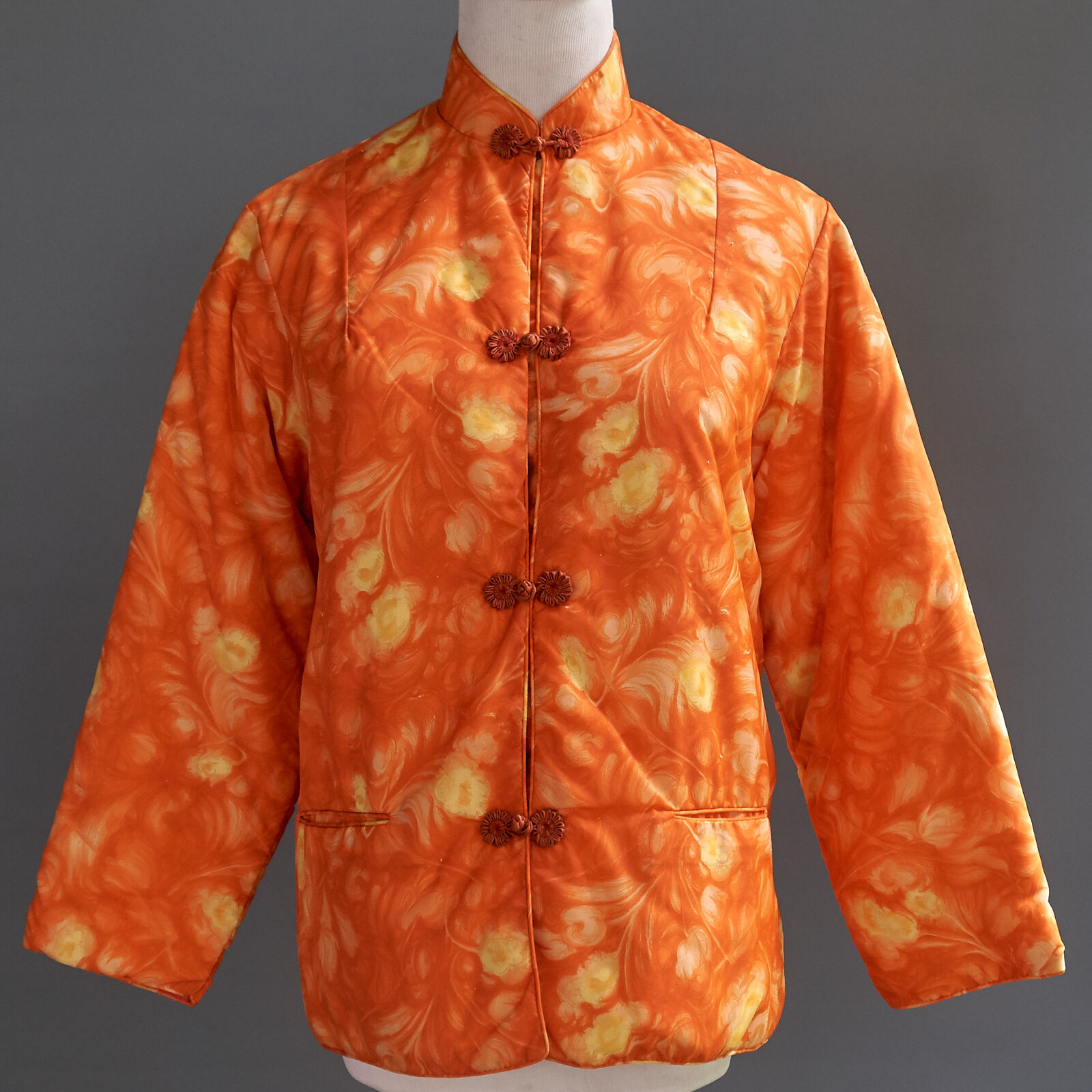 Vintage Chinese Mandarin Jacket Bright Orange Floral … - Gem