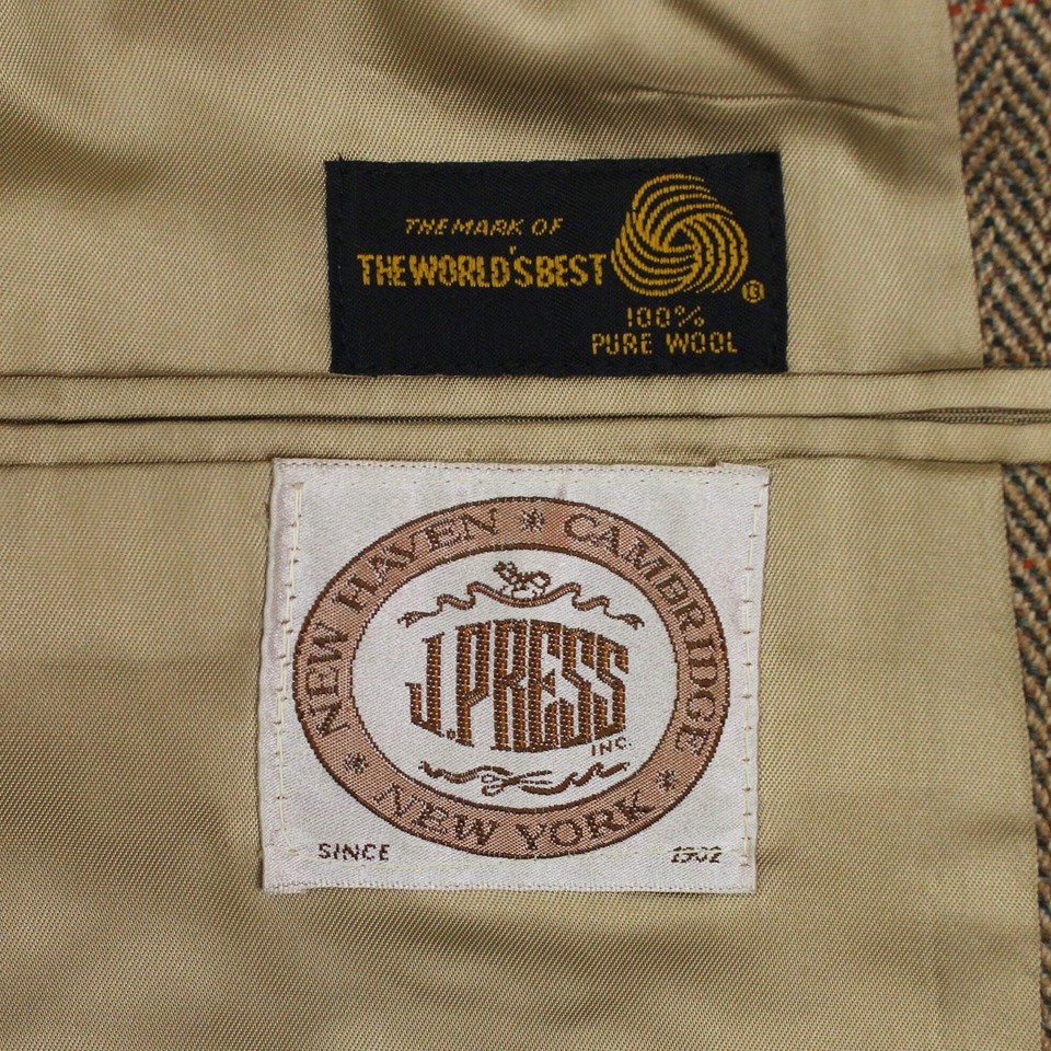 J. Press Tan Herringbone Check Wool Tweed Single Vent Sport Coat 44 R ...