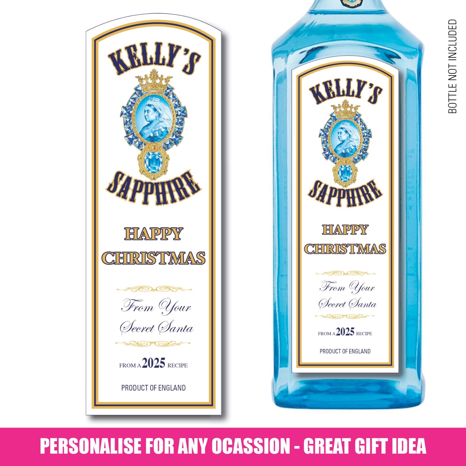 PERSONALISED Sapphire Gin bottle label CHRISTMAS SECRET SANTA XMAS 153a ...