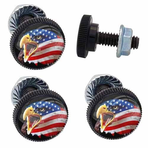 4 Black Knurled Custom License Plate Frame Tag Bolt Kit USA BALD EAGLE ...