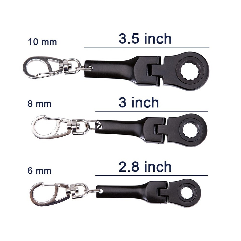 3 PCS Ratchet Wrench Flex Head Keychain Key Ring/Metric 6 mm 8 mm 10 mm ...