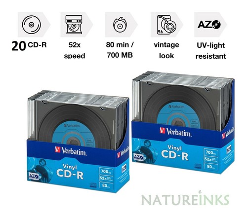 20 Genuine Verbatim vinyl CD-R 52x 700MB 80mins Blank CD Discs in ...