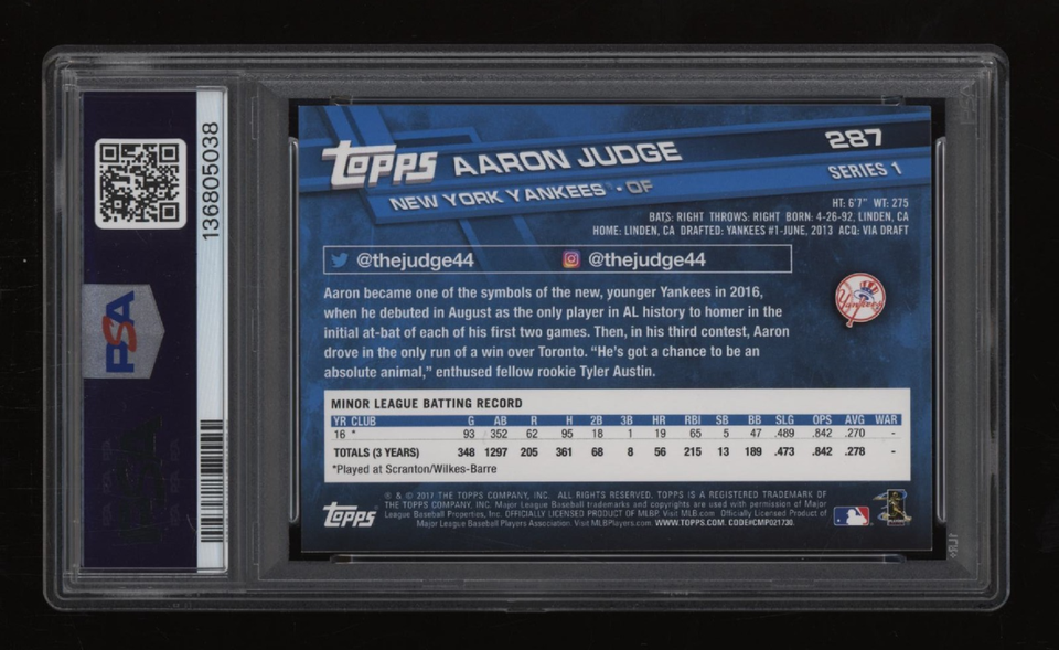 2017 Aaron Judge PSA 10 Topps Purple Rookie Rc #287 *NICE* Invest NOW ...
