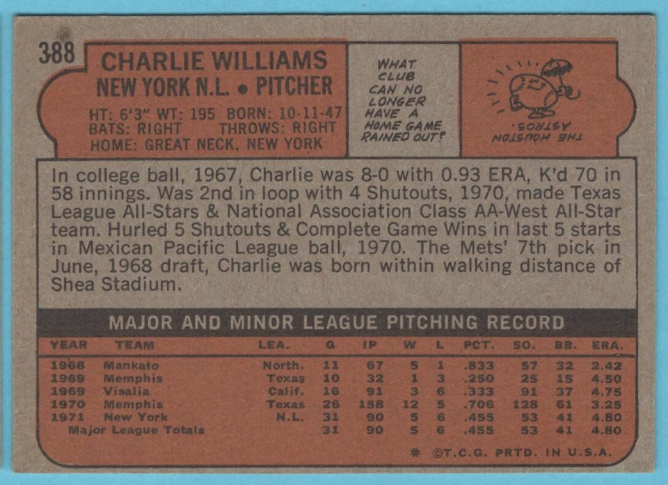 1972 Topps Charlie Williams #388 Rookie New York Mets | eBay