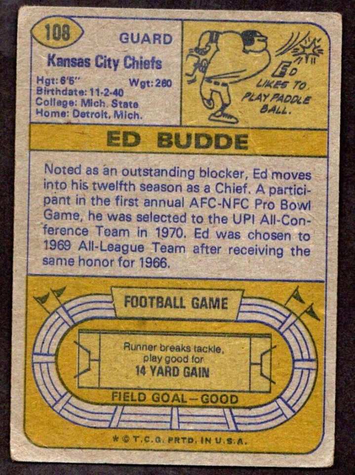 1974 Topps #108 Ed Budde Chiefs - Fair | eBay