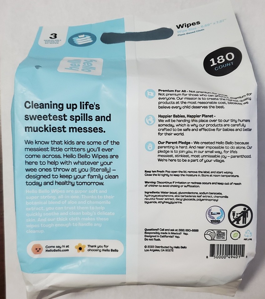 Baby Wipes by HELLO BELLO, 60 count 3 pack - 180 ct total - fragrance ...