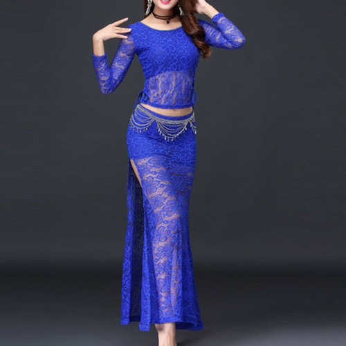 Belly Dance Lace Costume Top & Skirt Side Split Lace Practice Set Top ...
