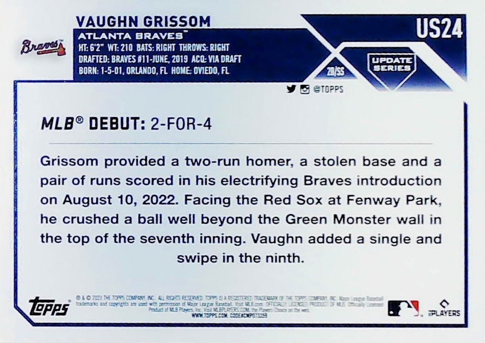 2023 Topps Update ORANGE FOIL SP US24 VAUGHN GRISSOM ROOKIE CARD ...