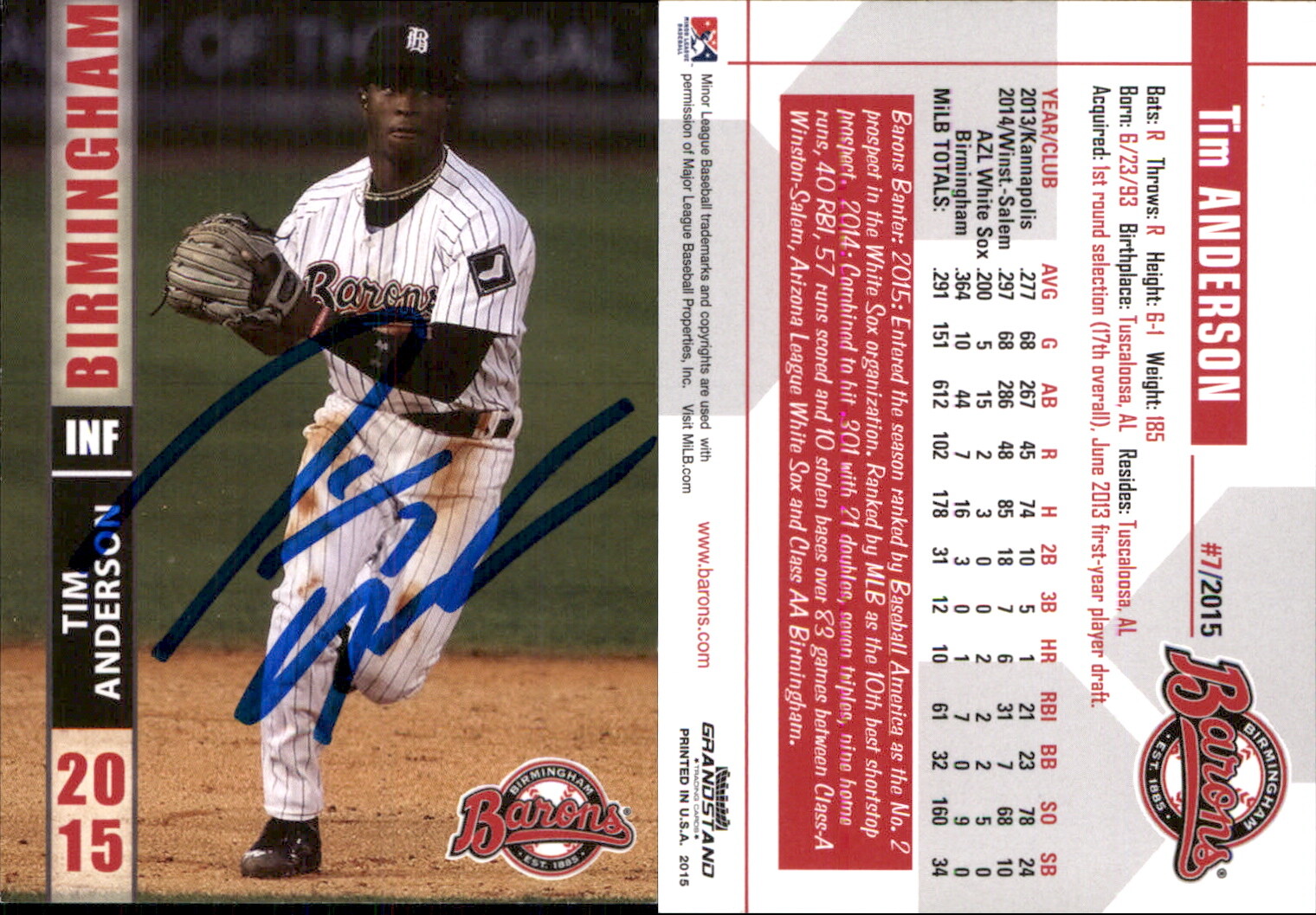 Tim Anderson Signed 2015 Grandstand Birmingham Barons RC Card White Sox ...