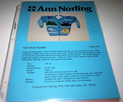 Ann Norling KID'S BOAT SWEATER Worsted Knitting Yarn Pattern sizes 2 /4 ...