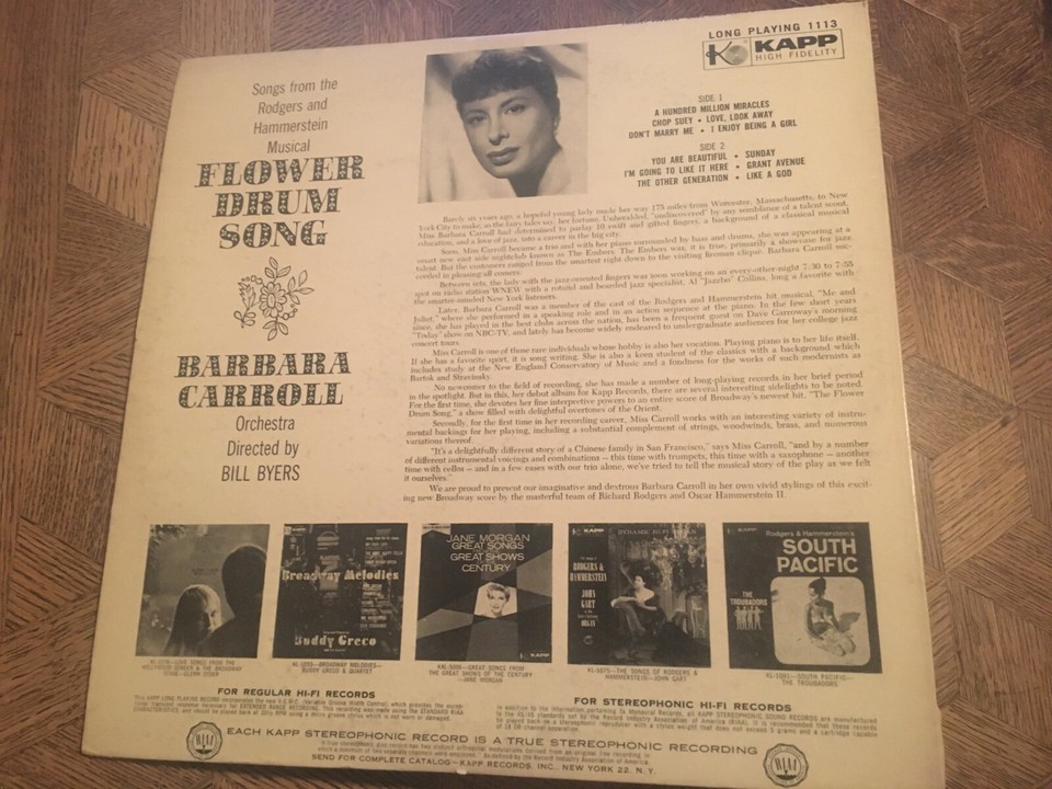 BARBARA CARROLL - Flower Drum Song ~ KAPP 1113 {dg orig} Trio & Bill ...