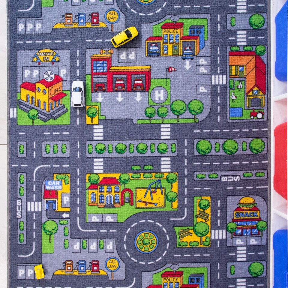 Children's Kids Rugs Town Road Map City Cars Toy Rug Play Village Mat ...