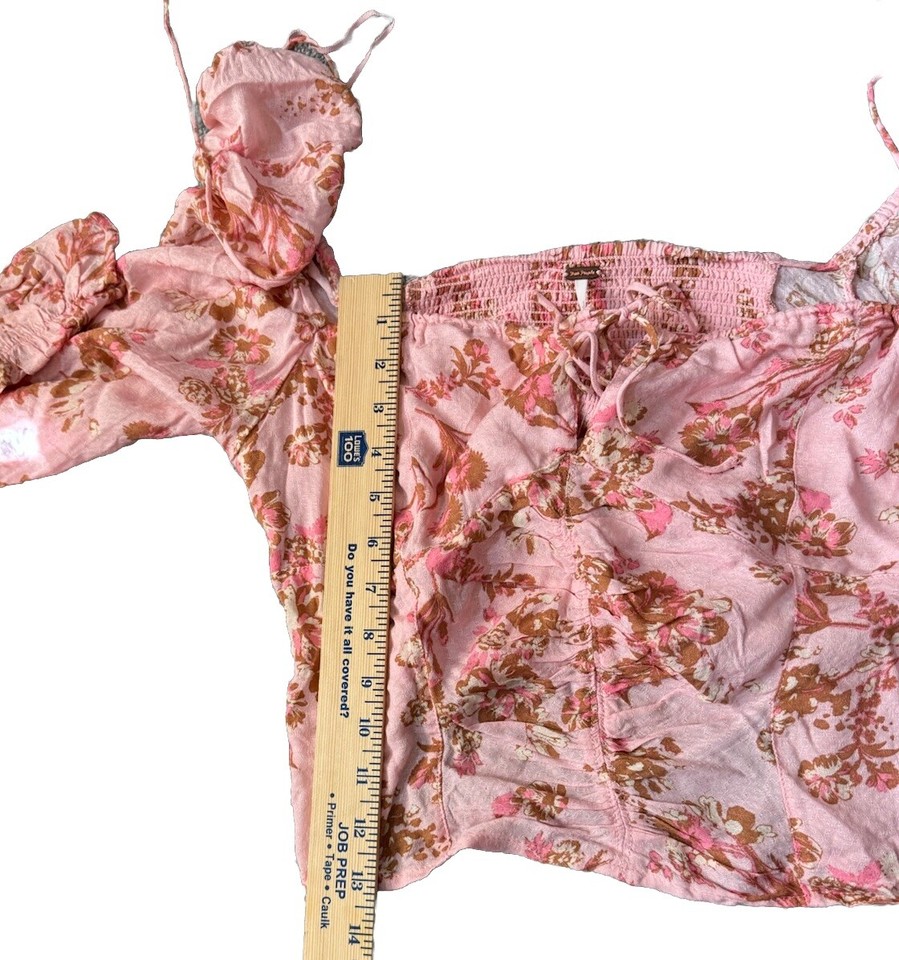 Free People Women's Floral Blouse Pink Long Sleeve Square Neck Ruched ...