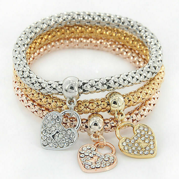 3 Stylish CHARM Rhinestone HEARTS Stack BRACELETS 3 Tone Gold Rose ...