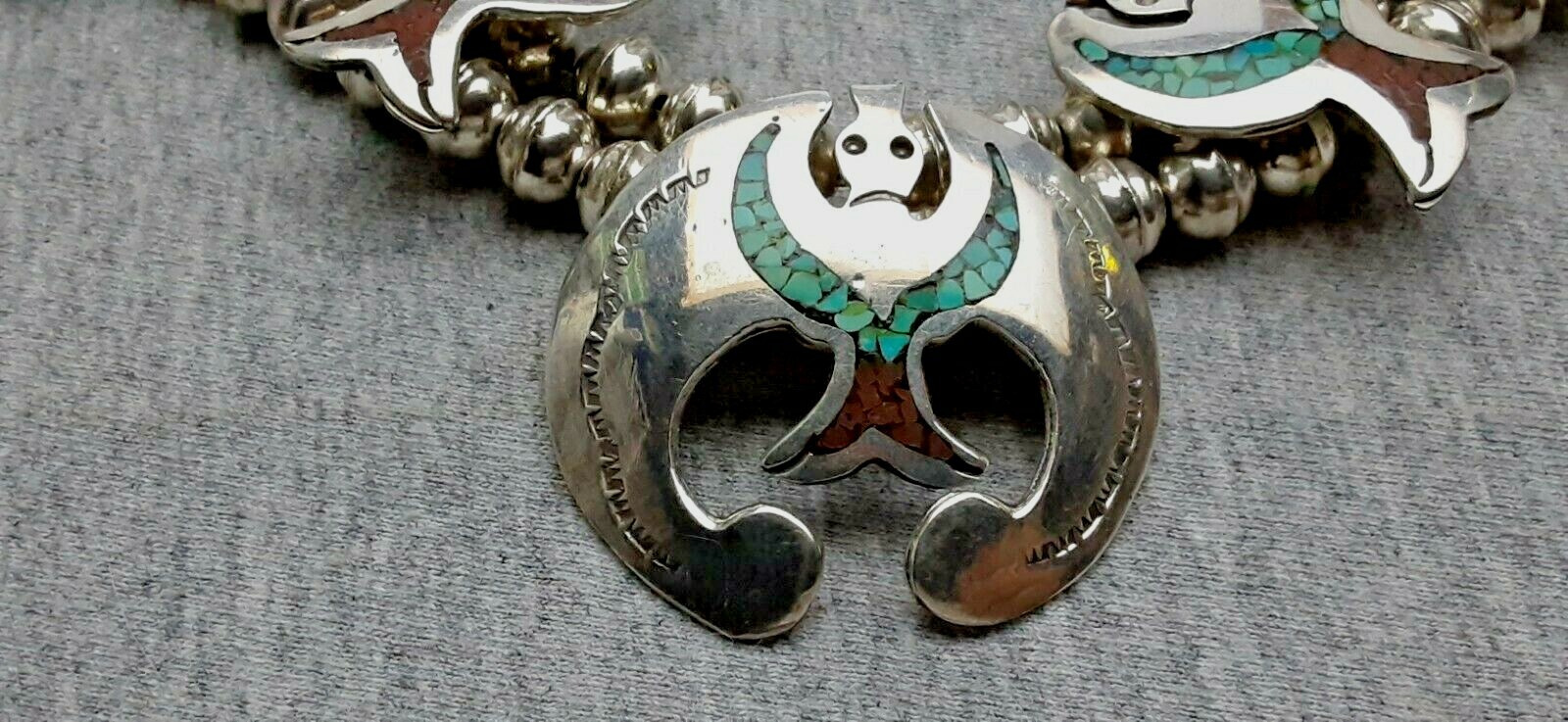 VINTAGE Navajo Peyote Bird Squash Blossom Necklace Re… - Gem