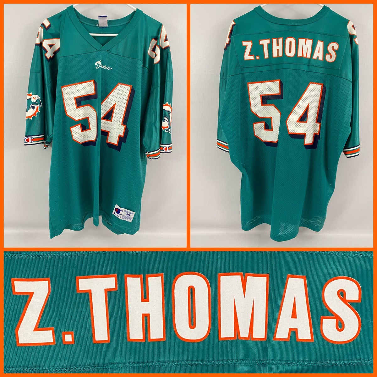 Men's Vintage ZACK THOMAS #54 Miami Dolphins Teal CHAMPION Men's Vintage ZACK THOMAS #54 Miami Dolphins Teal CHAMPION