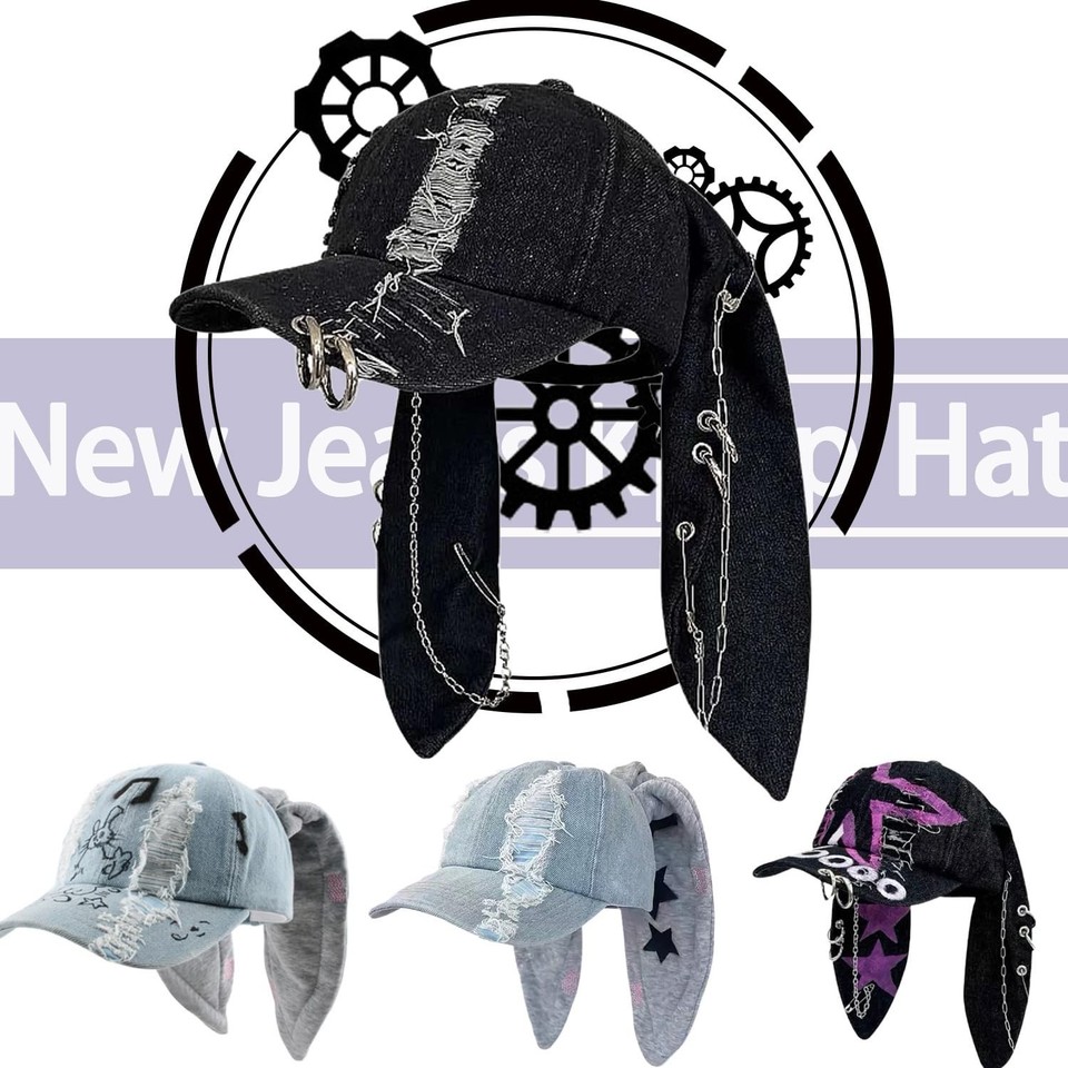 Y2k Hat Punk Hats Denim Bunny Hat Chains Distressed Baseball Cap Kpop ...