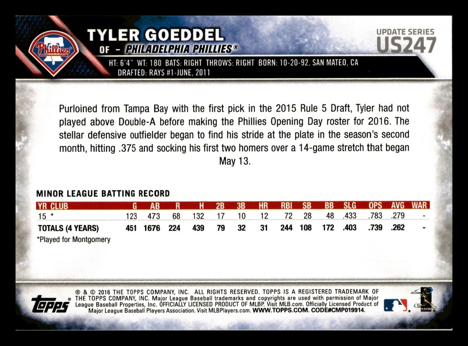 2016 Topps Update Tyler Goeddel RC Rookie #US247 Philadelphia Phillies ...