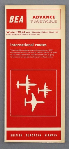 BEA BRITISH EUROPEAN AIRWAYS ADVANCE INTERNATIONAL TIMETABLE WINTER ...