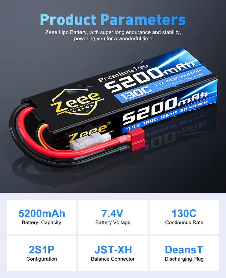 2x Zeee 7.4V 130C 5200mAh 2S Lipo Battery T Plug for RC Car Truck Buggy ...