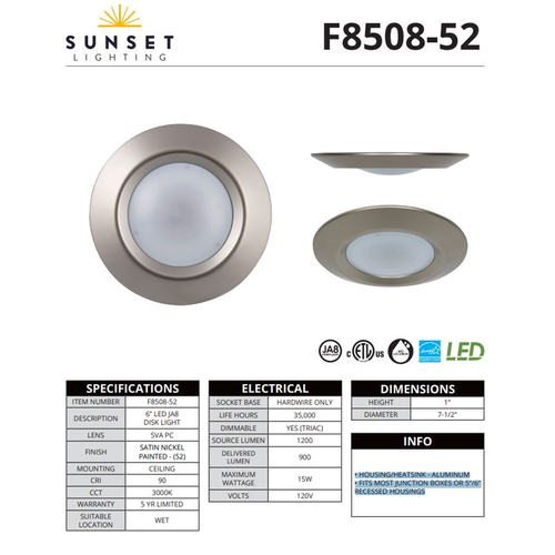 Sunset 6" Disk Light 15W 850Lm 3000K Satin Nickel F8508-52-RP | eBay