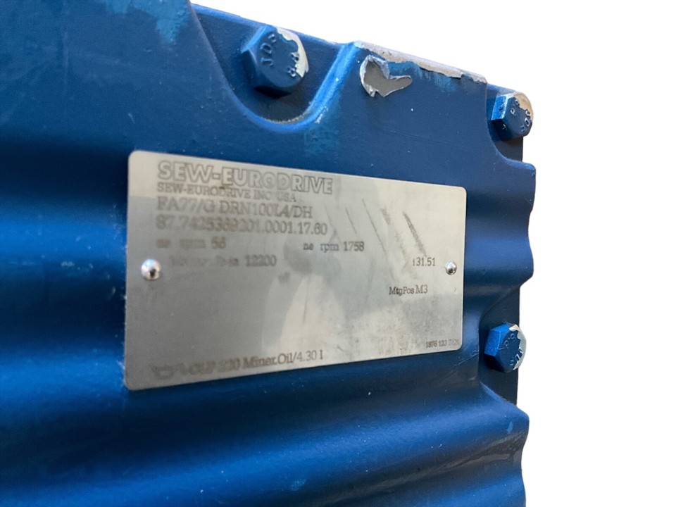 Sew-Eurodrive FA77/DRN100L4/DH Gearmotor, 320/460V, 60Hz, rpm 1758/56 ...