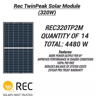 14x REC 320W Mono Solar Panels (REC320TP2M) High Efficiency Durable ...