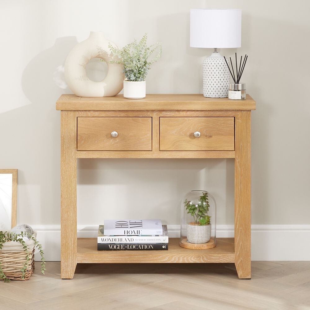 Cheshire Limed Oak 2 Drawer Hall Console Table -Living Room Storage ...