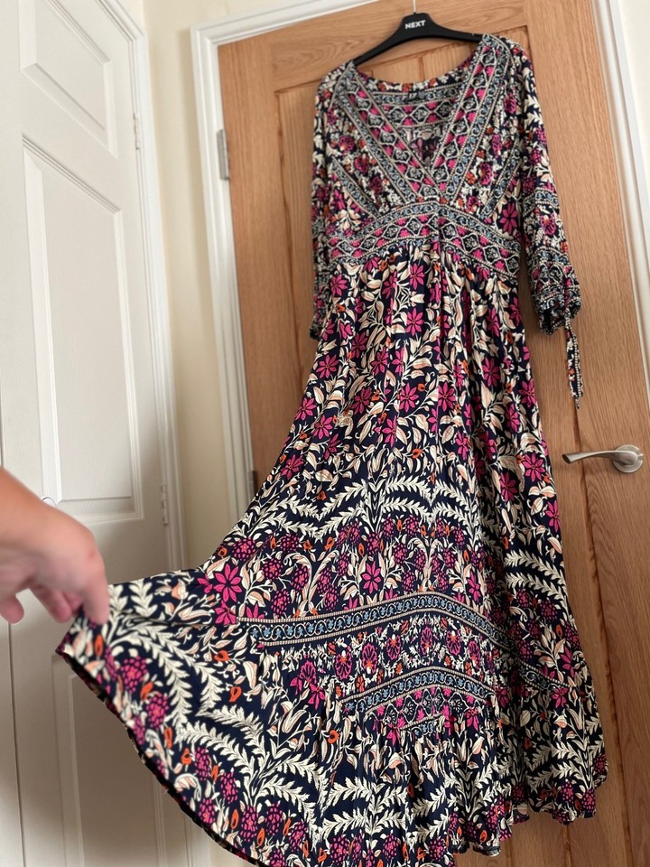 Izabel Midnight Blue, Pink & Cream Floral Print Long Boho Maxi Dress ...