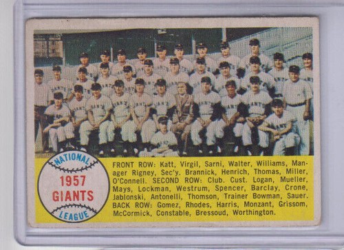 1958 TOPPS #19 SAN FRANCISCO GIANTS TEAM CARD w/ WILLIE MAYS UNMARKED ...