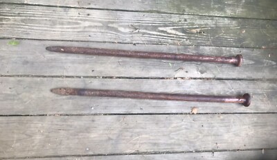 2 Vintage 31” Iron Tent Stakes Spikes Horseshoe Stake Line-Up Pin Pry ...