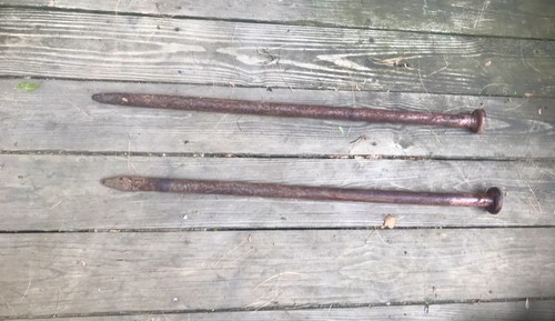 2 Vintage 31” Iron Tent Stakes Spikes Horseshoe Stake Line-Up Pin Pry ...