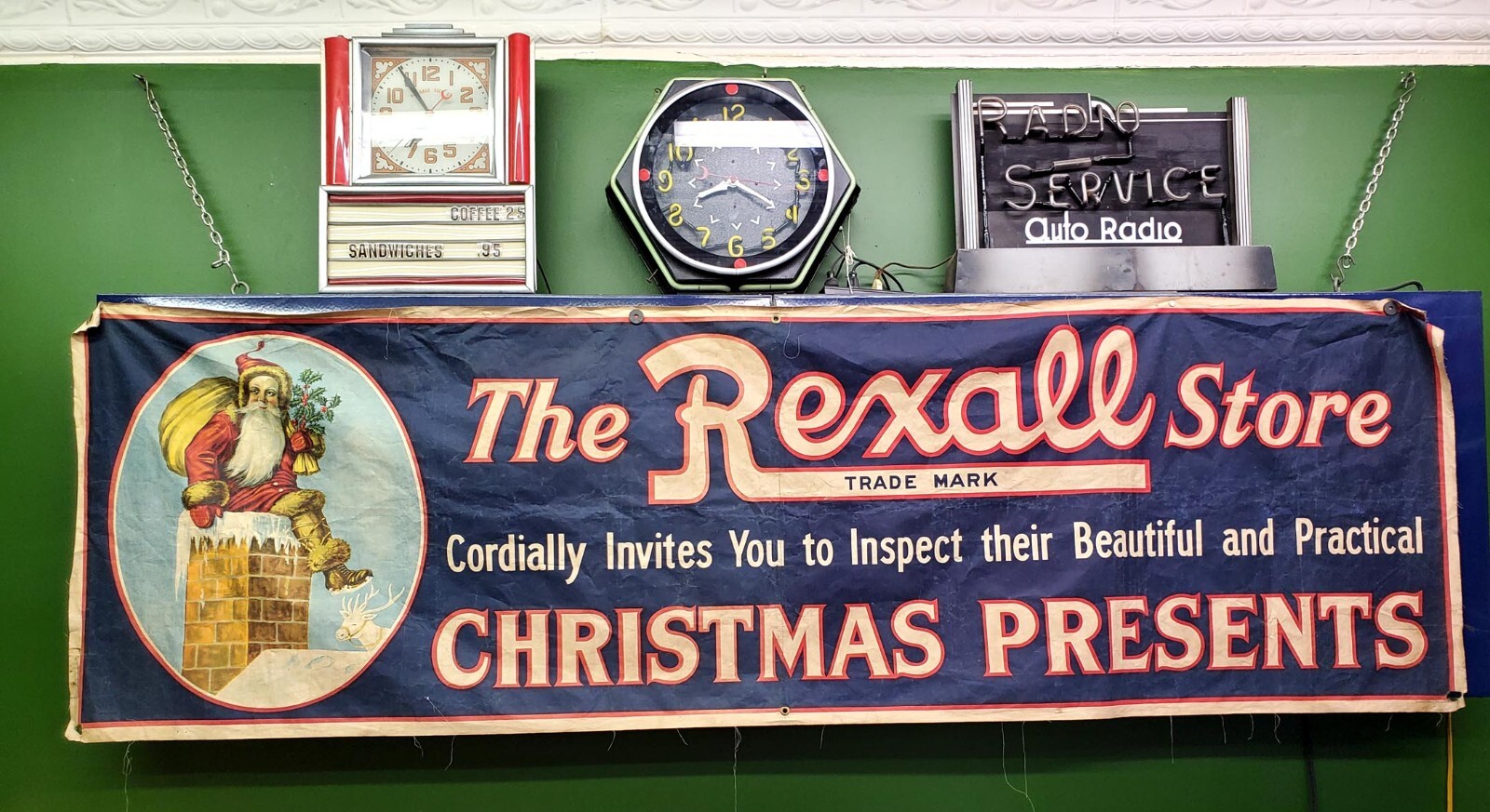 1920's Rexall Christmas Santa cloth muslin sign, see my porcelain neon ...