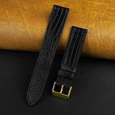 Black Flat Lizard Leather Watch Band Real Lizard Watch Strap Men Gold ...