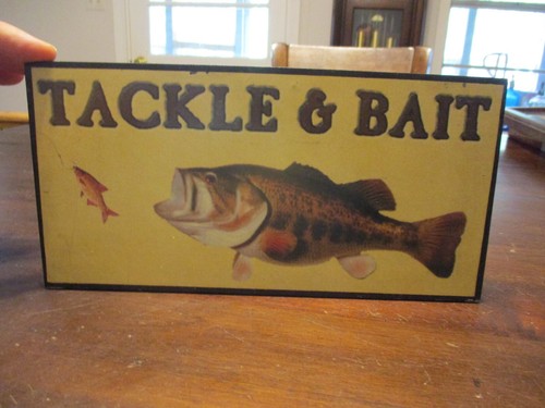 TACKLE & BAIT LARGE MOUTH BASS CHASING A MINNOW ON A HOOK SIGN 9.5 X 4. ...
