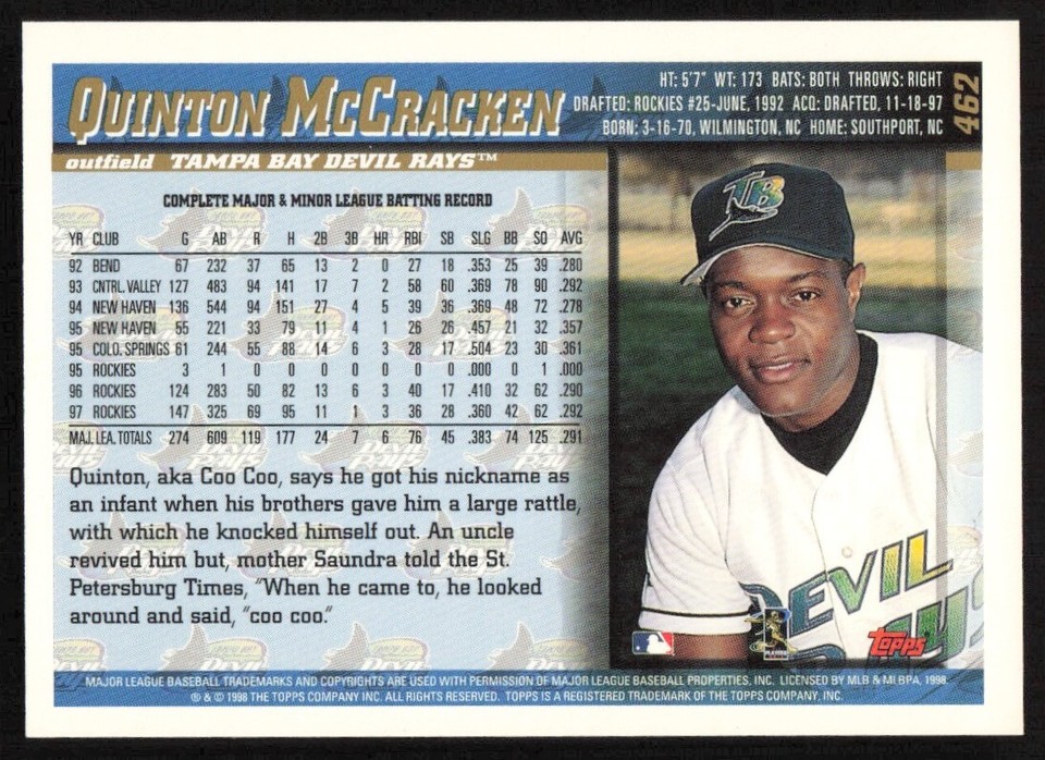 1998 Topps Baseball Quinton McCracken #462 Tampa Bay Devil Rays | eBay