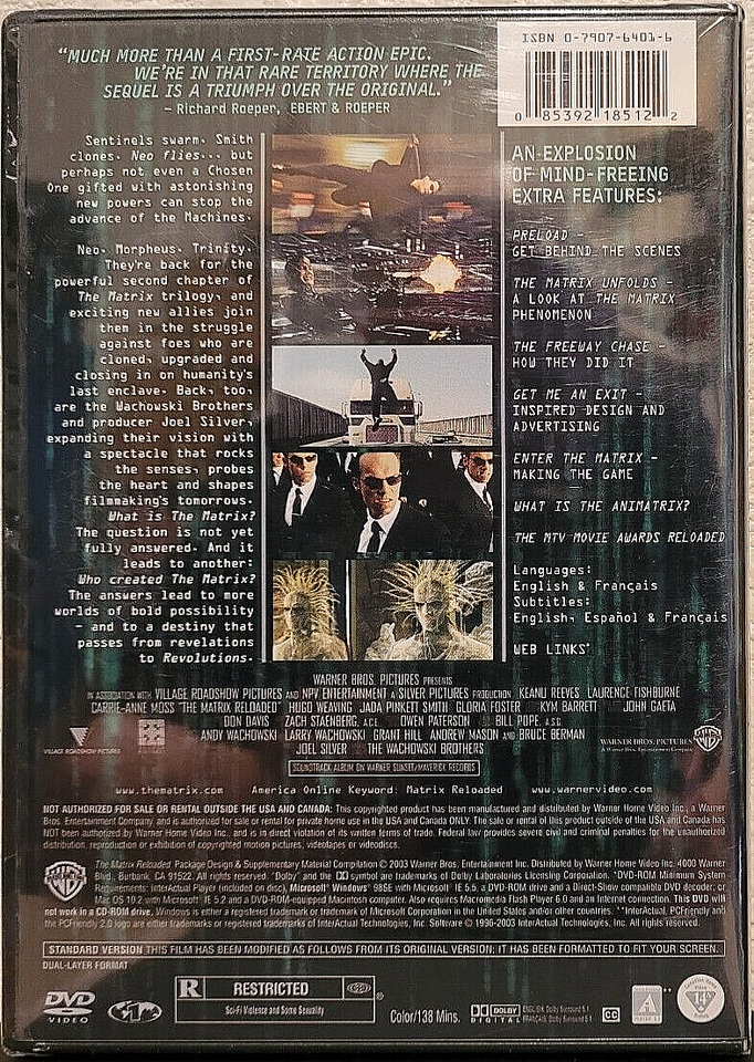 The Matrix Reloaded (DVD, 2003) Keanu Reeves, Carrie-Anne Moss - New ...