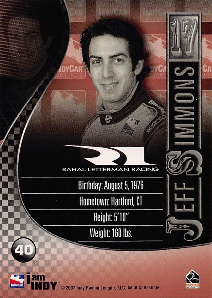 JEFF SIMMONS 2007 Rittenhouse Indy Racing League #40 - RC | eBay