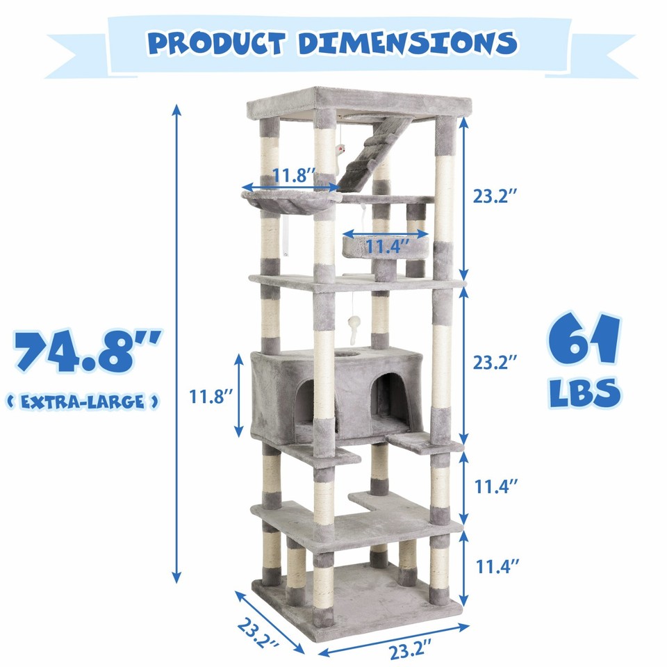 74.8'' Cat Tree Cat Tower Activity Center with Scratching Post Condo ...
