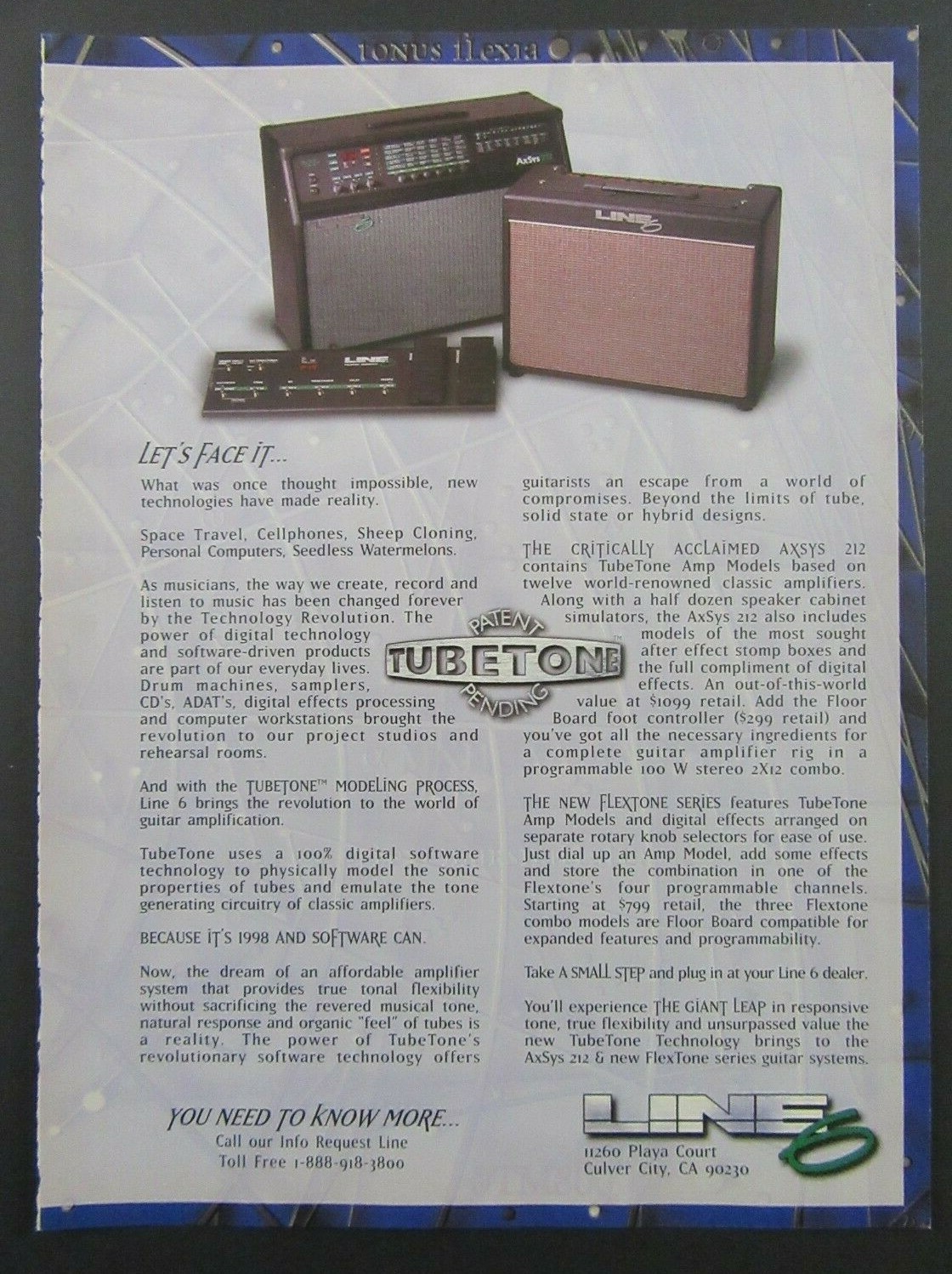 1997 LINE 6 Tubetone Flextone Technology Guitar System Amps Magazine Ad ...