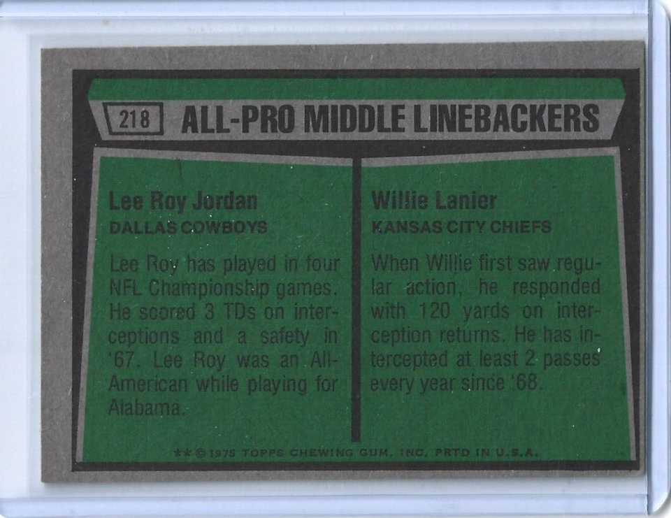 Lee Roy Jordan/Willie Lanier 1975 Topps Football All Pro Mid ...