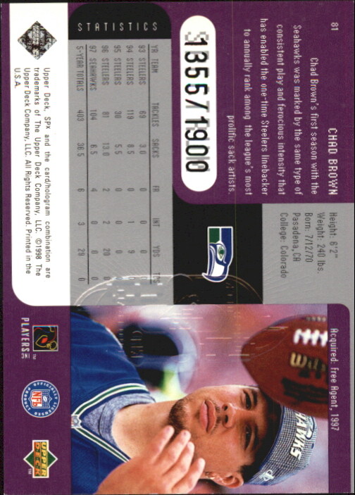 1998 SPx Finite Spectrum Seattle Seahawks Football Card #81 Chad Brown ...