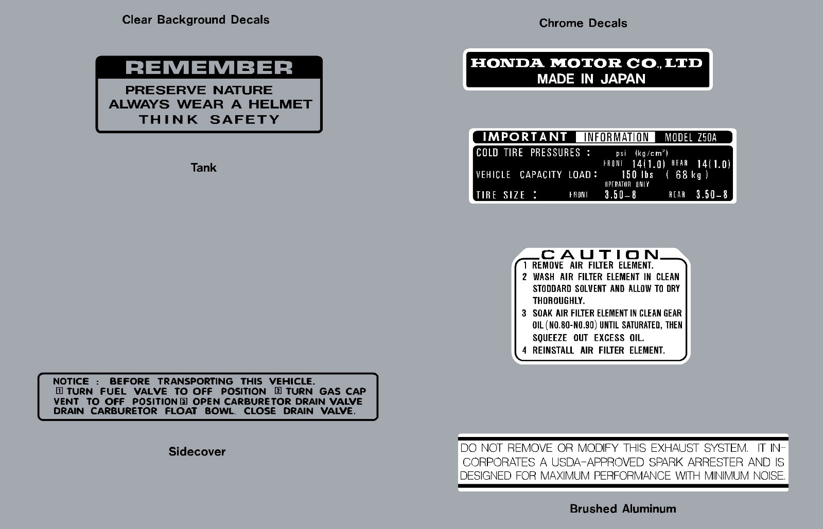 HONDA Z50 1972 WARNING LABEL (GOLD BIKE) DECAL SET K3 REPRO Z50A Soft ...