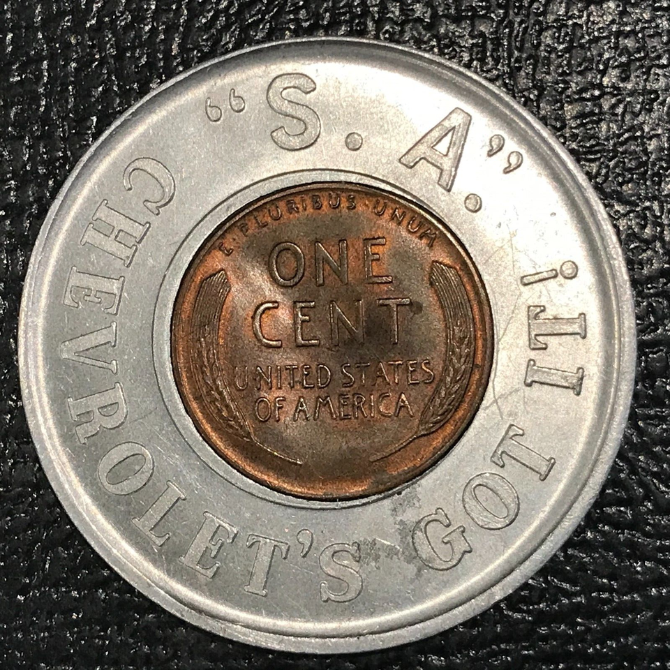 ENCASED COIN AU/UNC 1948 D LINCOLN CENT S. A. CHEVROLET'S GOT IT ...